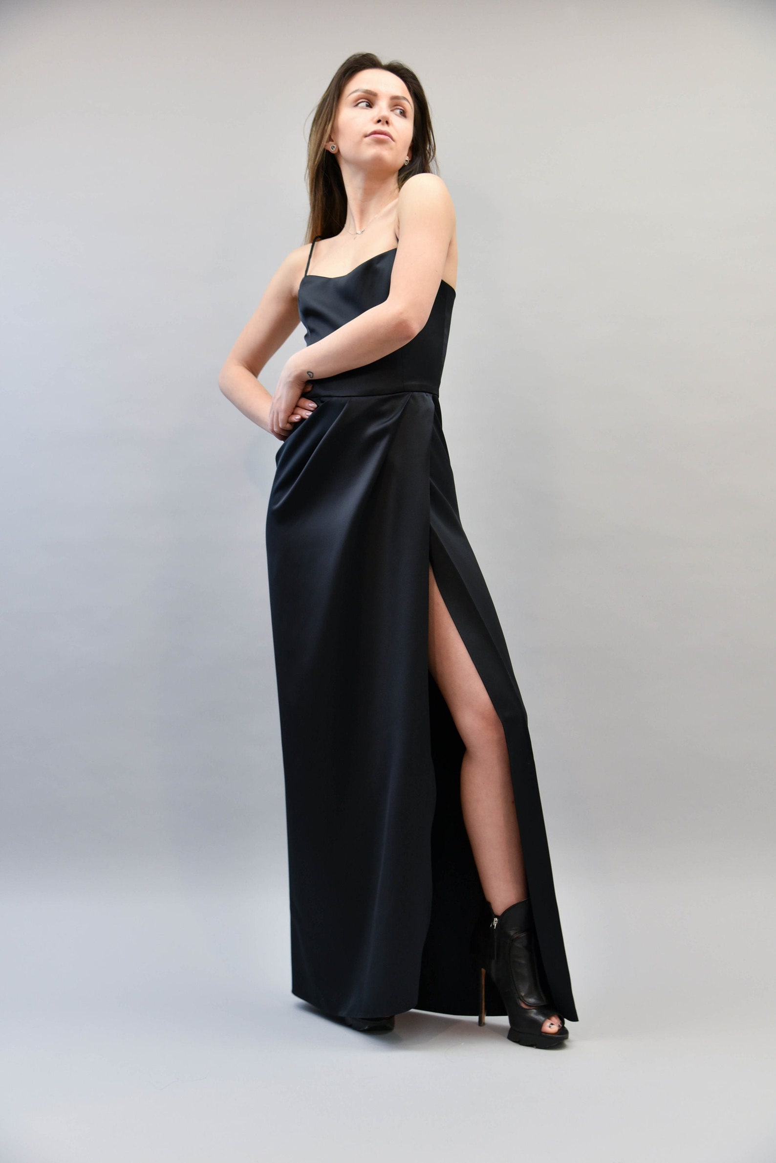 Black Satin Dress/evening Dress/long Dress/strap Dress/black | Etsy