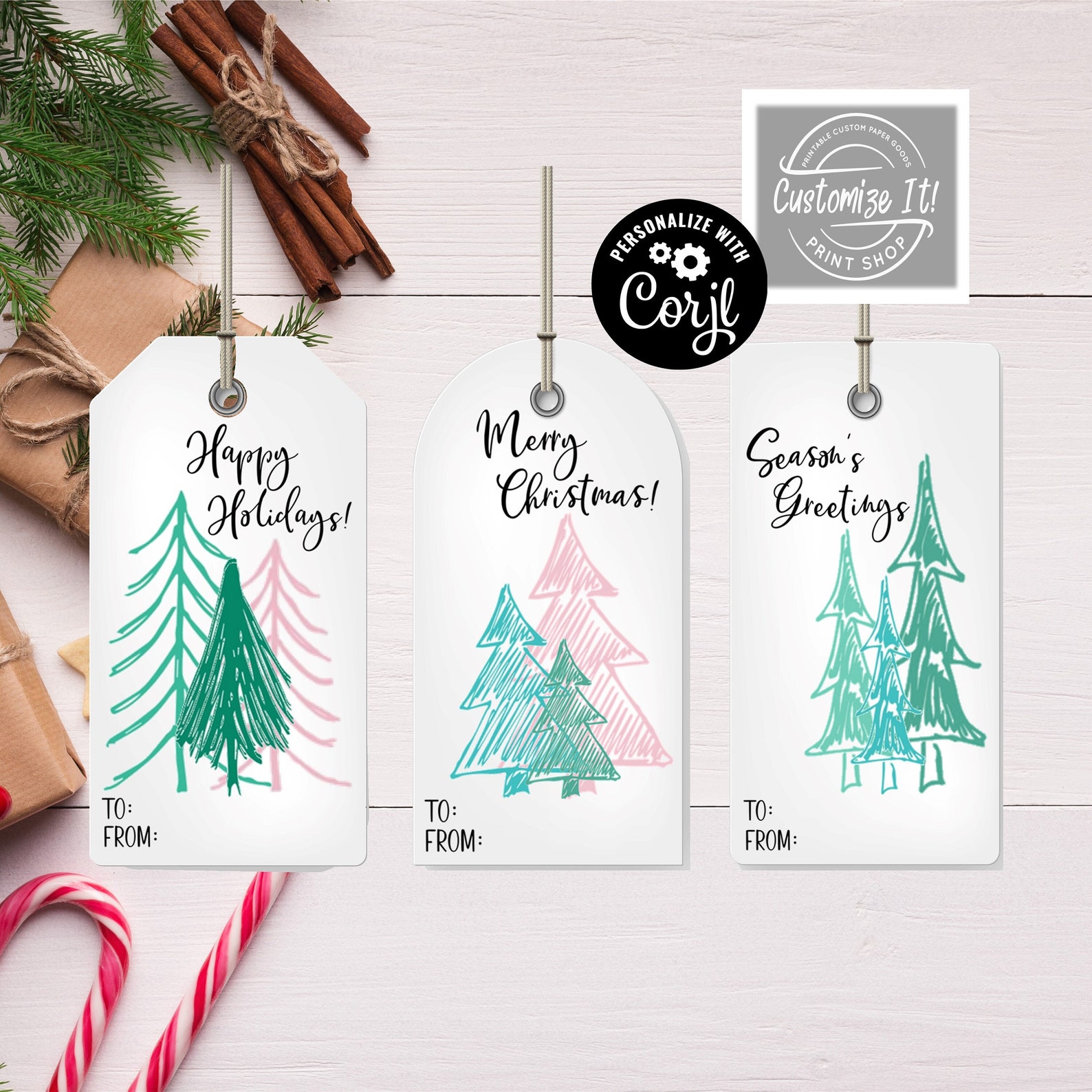 Printable Christmas Gift Tag Set, Holiday Gift Tags, Christmas Tree Theme, Teacher Appreciation ...