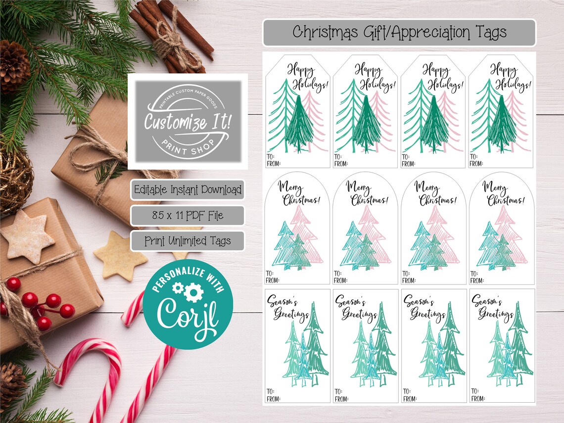 Printable Christmas Gift Tag Set, Holiday Gift Tags, Christmas Tree Theme, Teacher Appreciation ...