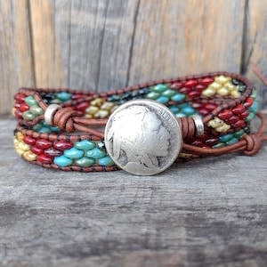Native Americans Style Superduo Bracelet/ Indian Head Leather Bracelet/ Boho Jewelry for Men ...