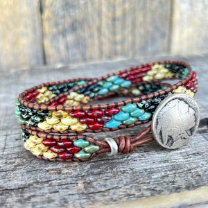Native Americans Style Superduo Bracelet/ Indian Head Leather Bracelet/ Boho Jewelry for Men ...