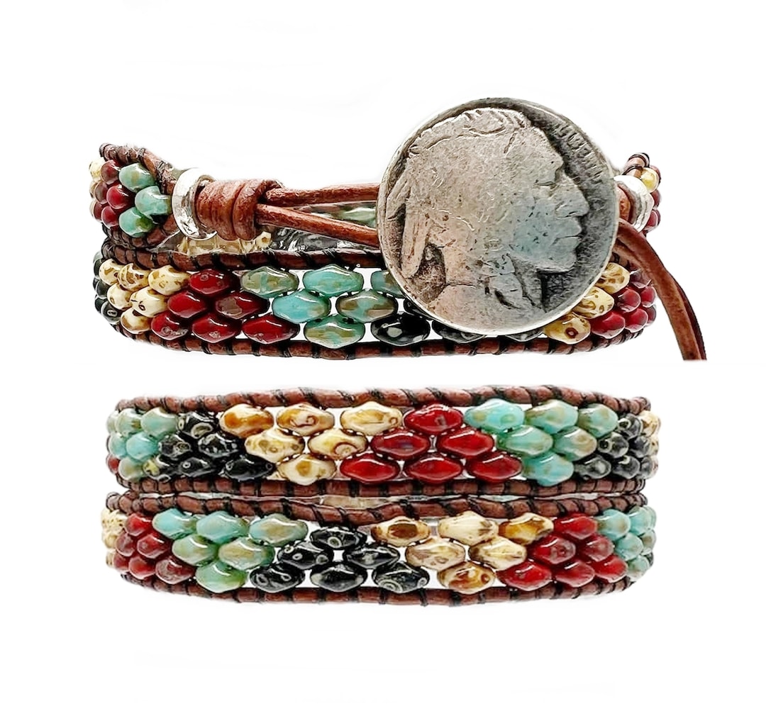 Native Americans Style Superduo Bracelet/ Indian Head Leather Bracelet ...