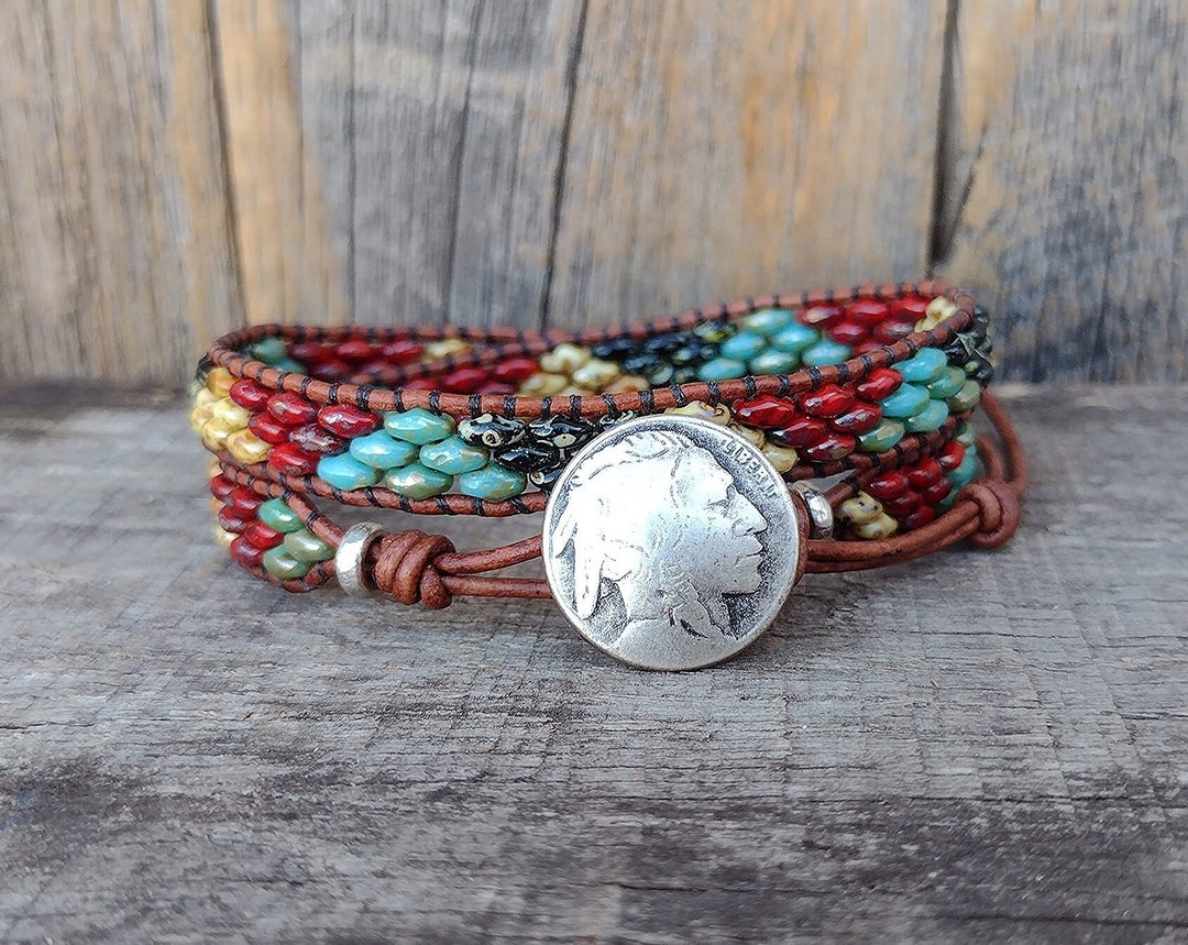 Native Americans Style Superduo Bracelet/ Indian Head Leather - Etsy