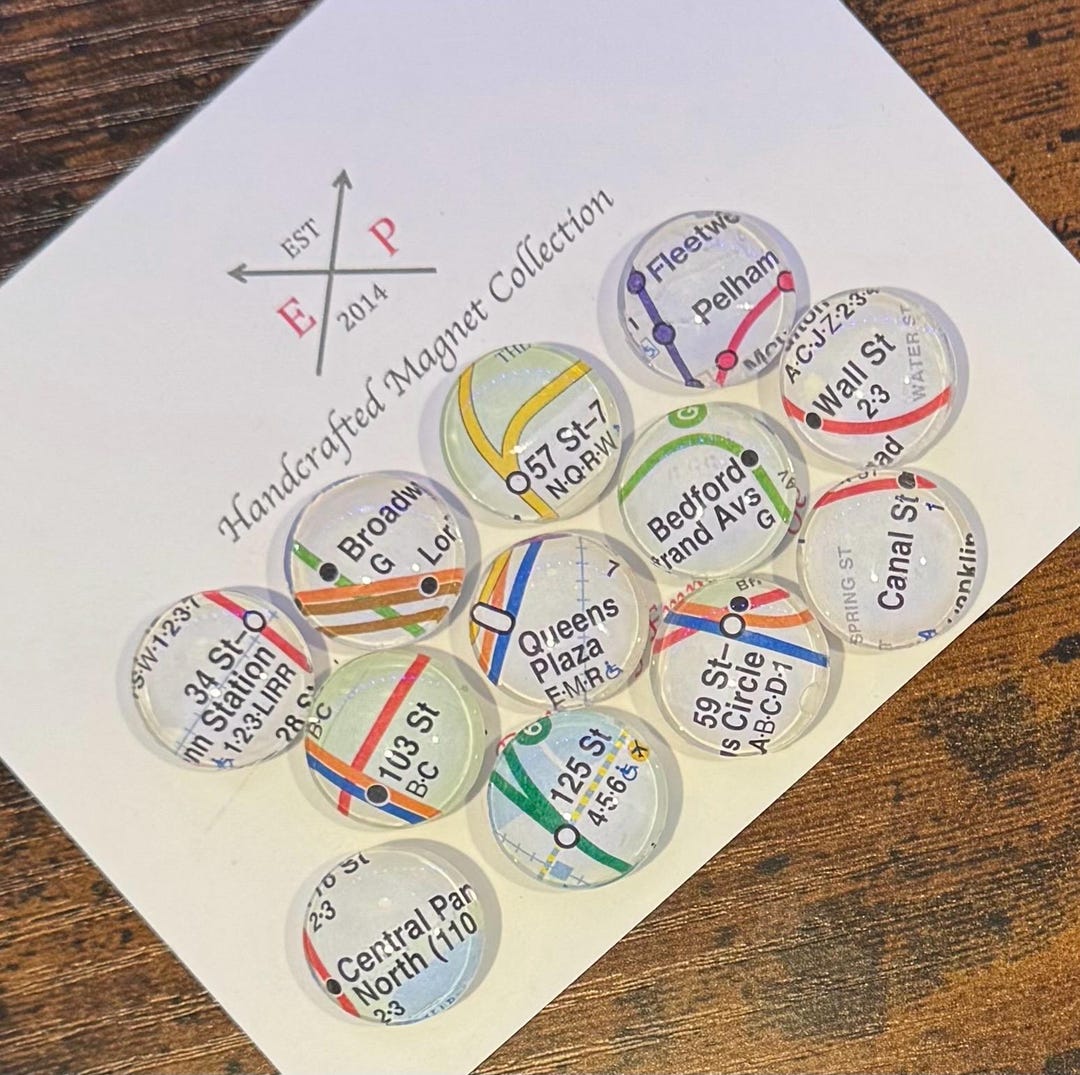 Set of 12 NYC Subway Map Glass Magnets - Domed Glass Cabochon Ceramic ...