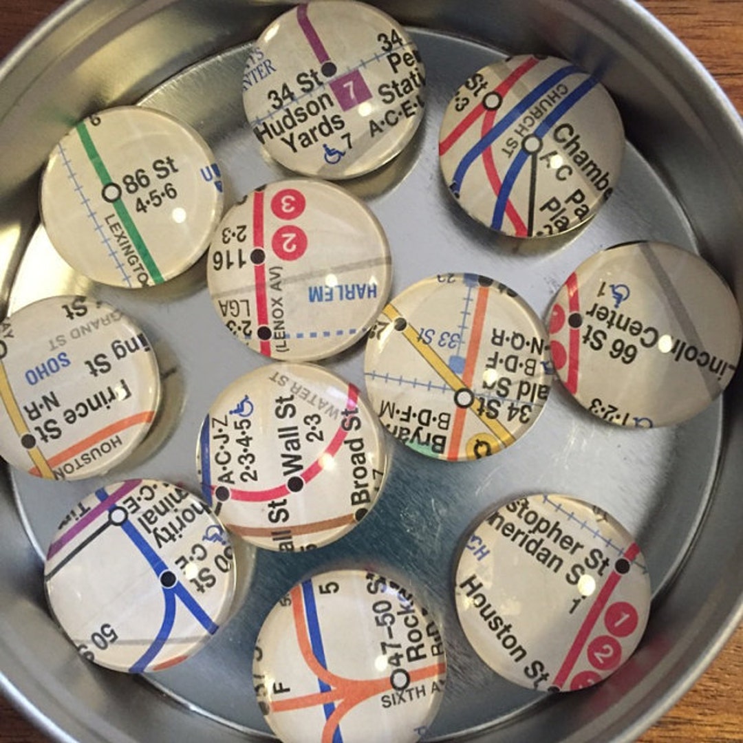 Set of 12 NYC Subway Map Glass Magnets - Domed Glass Cabochon Ceramic ...
