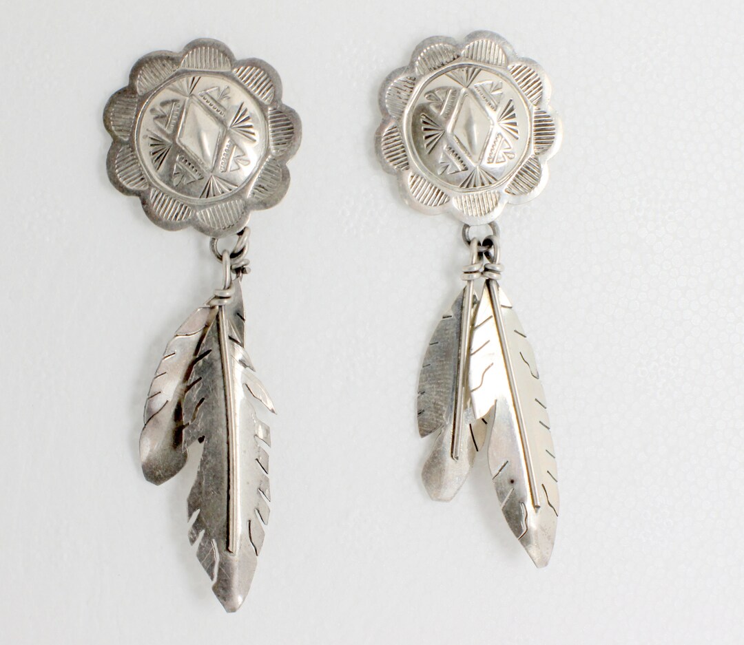 Native American Earrings: Large Feather Sterling Silver Navajo Drop ...