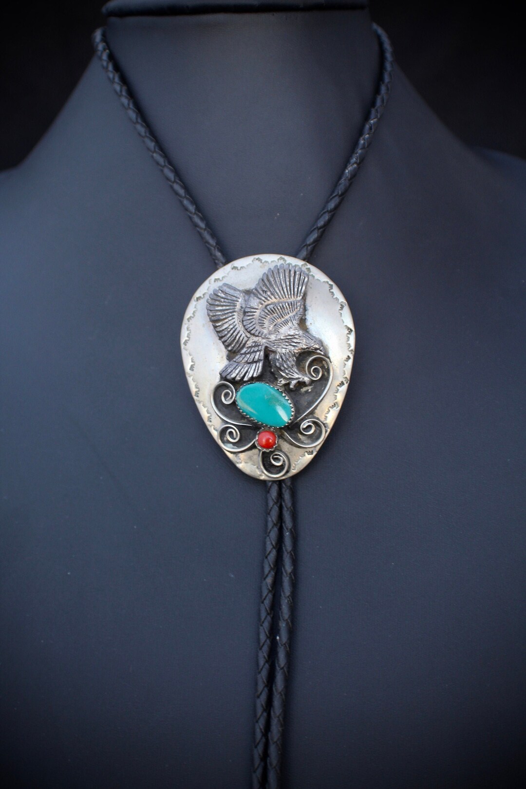 Native American Bolo: Flying Eagle With Turquoise and Red Coral Stones ...