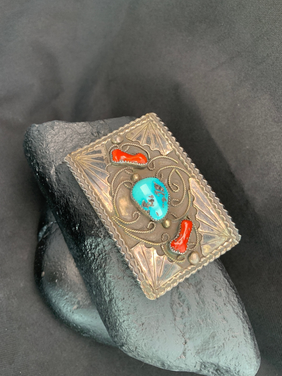 Native American Belt Buckle: Turquoise, Red Coral and Sterling Silver ...