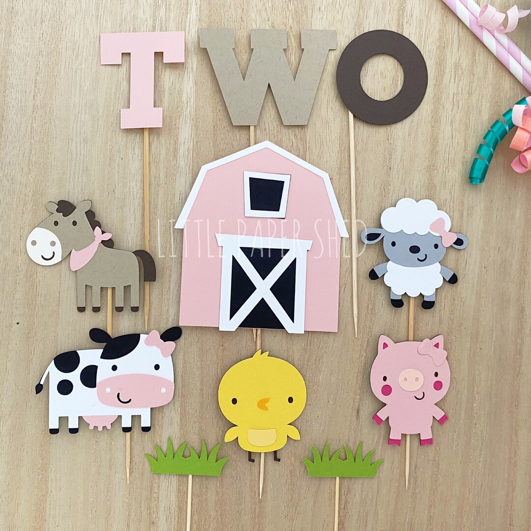 Farm Pink Cake Topper Set | Farm Cake Topper | Pink Farm Party | Barn ...