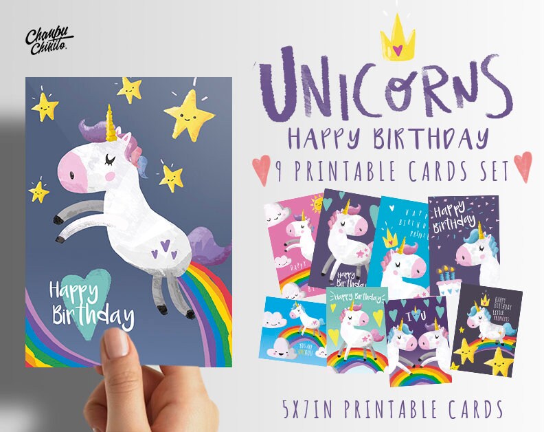 Happy Birthday Unicorn 9 Printable Cards Set INSTANT DOWNLOAD, Unicorn ...