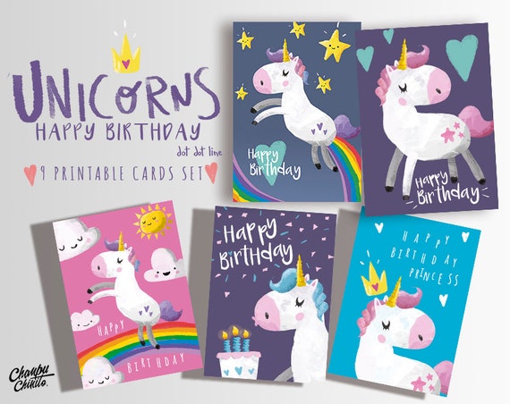 Happy Birthday Unicorn 9 Printable Cards Set INSTANT DOWNLOAD | Etsy