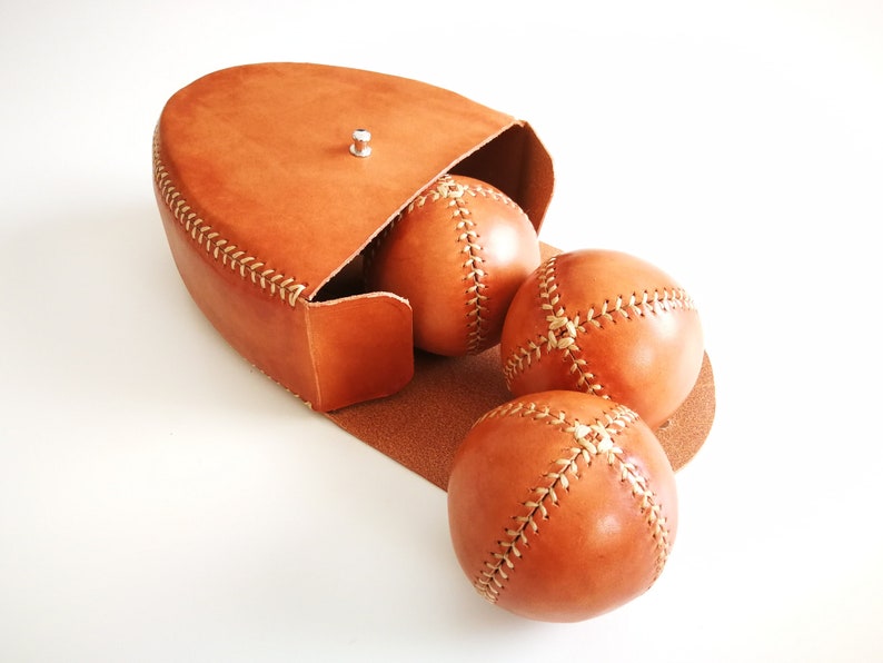 Set of Three Handmade Juggling Balls in Natural Leather With Belt Case ...