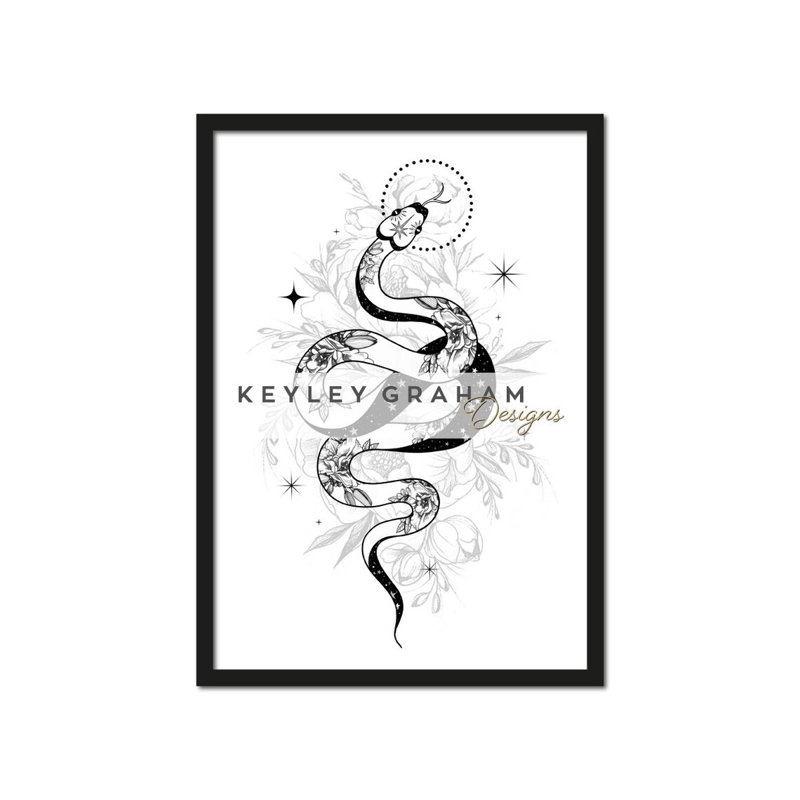 Floral Space Snake Print, Moon and Stars Snake Print, Galactic, Tattoo ...