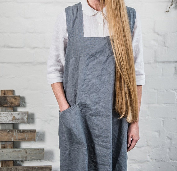 Aprons Washed long apron with deep pockets Square Cross Linen Apron ...