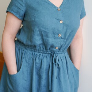 Linen Dress REINE Waisted / Button up / Elastic Waistband / Long Linen ...