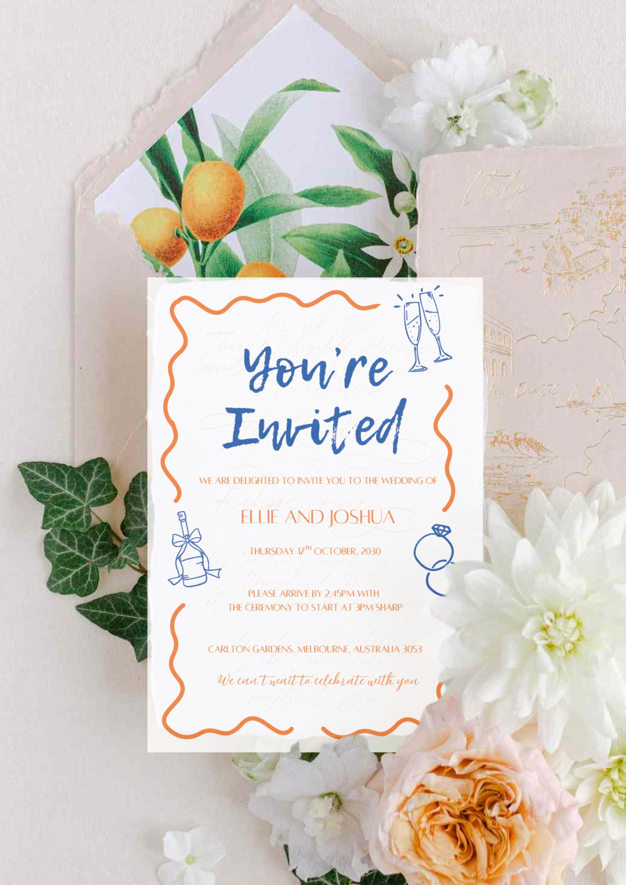 Orange & Blue Fiesta Wedding Invitation: Modern Italian Design (digital ...
