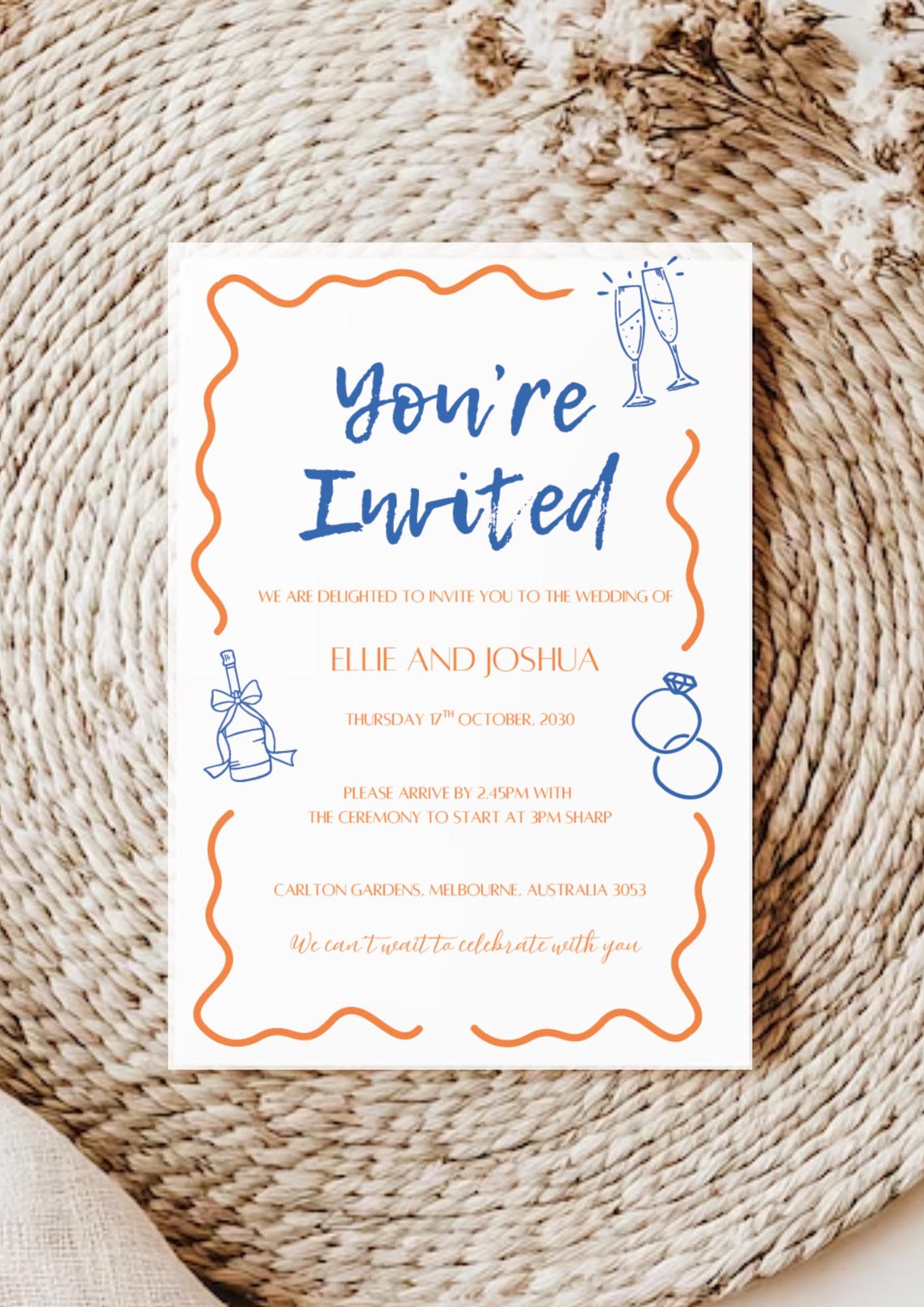 Orange & Blue Fiesta Wedding Invitation: Modern Italian Design (digital ...