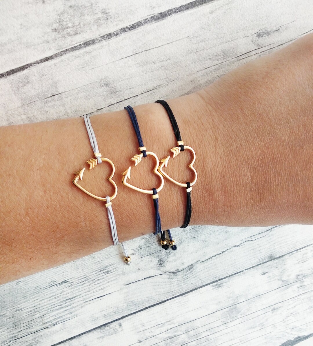Gold Arrow Heart Bracelet, Adjustable Cord Bracelet, Stacking Bracelet ...