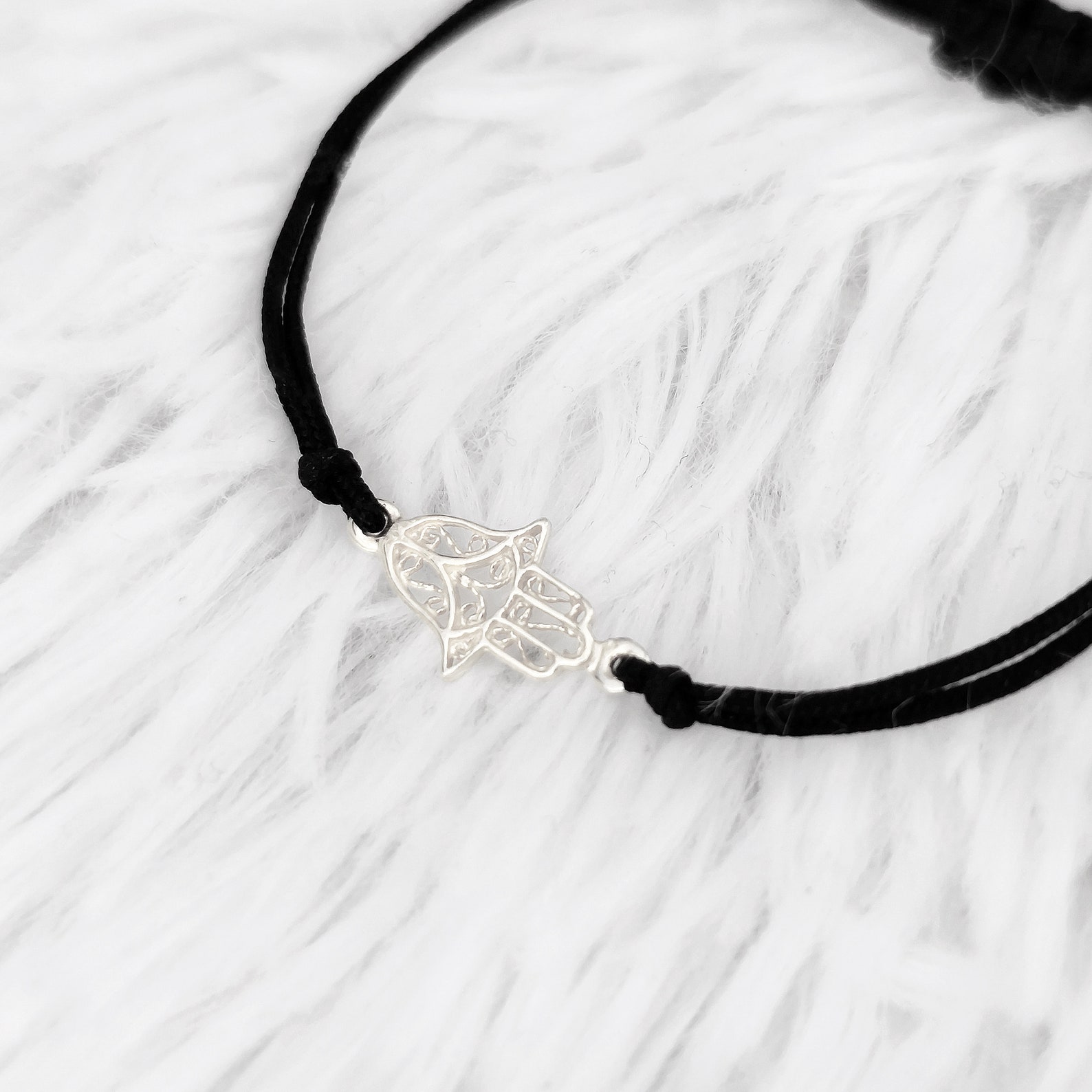 Tiny 925 Sterling Silver Hamsa Bracelet, Hamsa Cord String Bracelet ...