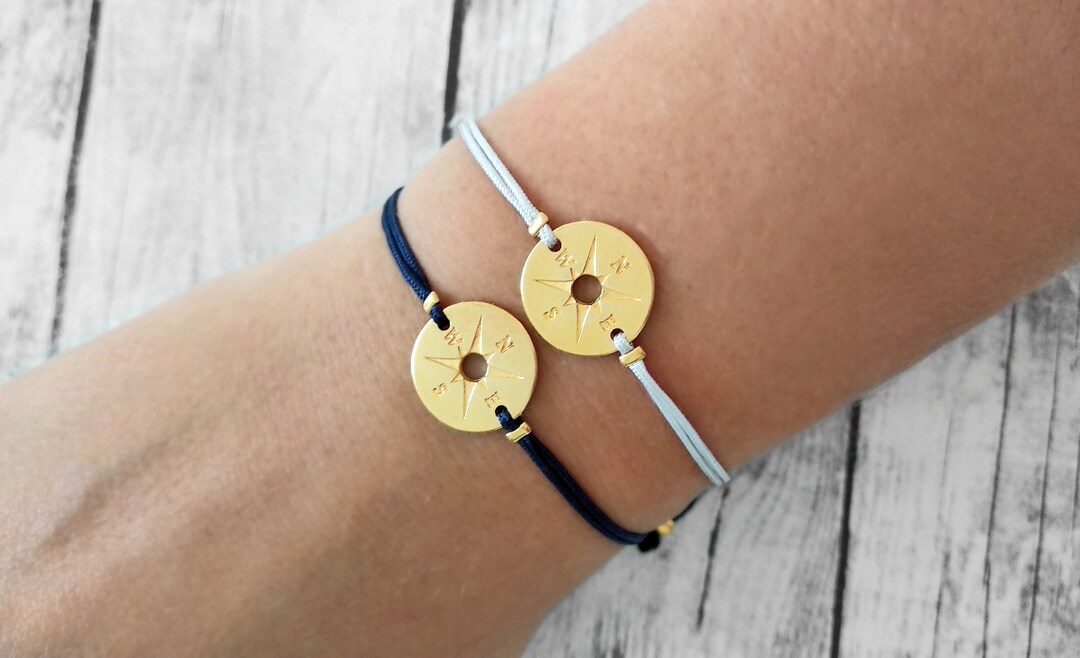 Gold Compass Cord Bracelet, Long Distance Bracelet, Friendship Bracelet ...