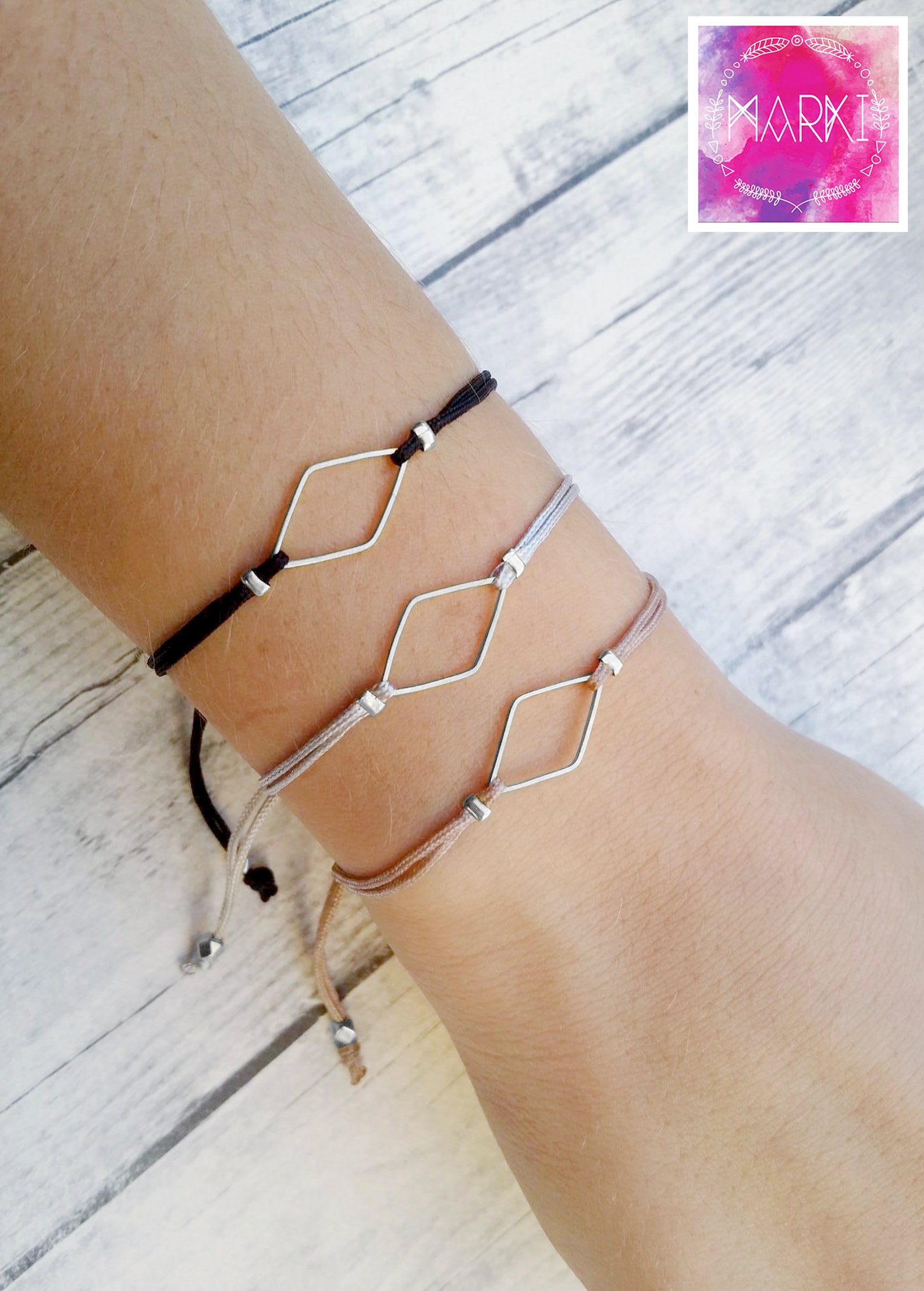 Silver Rhombus Charm Bracelet, Friendship Bracelet, Geometric Cord ...