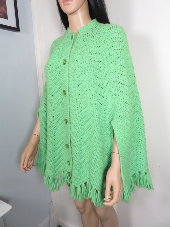 Vintage 60s/70s Bright Lime Green Afghan Knit Poncho - Gem