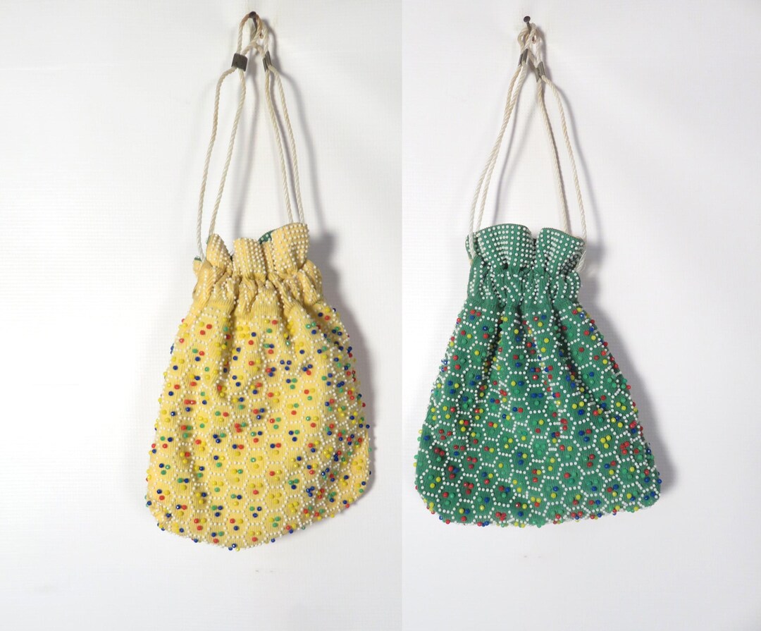 Vintage Candy Dot Reversible Green and Yellow Drawstring Purse Wristlet ...