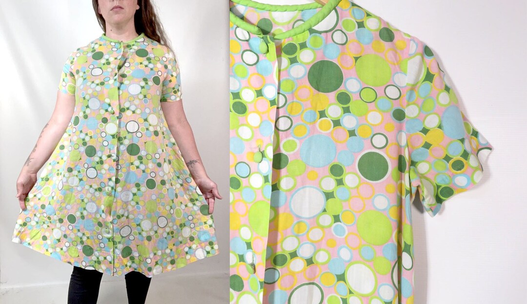 Vintage 60s/70s Polka Dot Button Front House Dress Made in USA Size L ...
