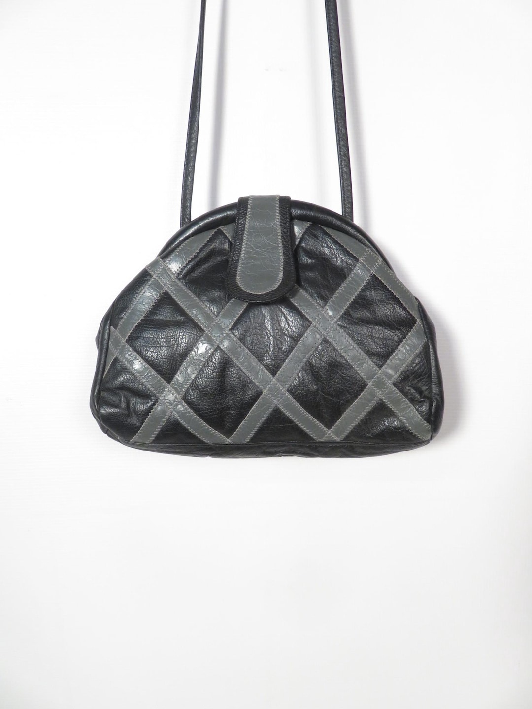 Vintage 80s Black and Gray Leather Clamshell Hinged Purse Made in USA ...