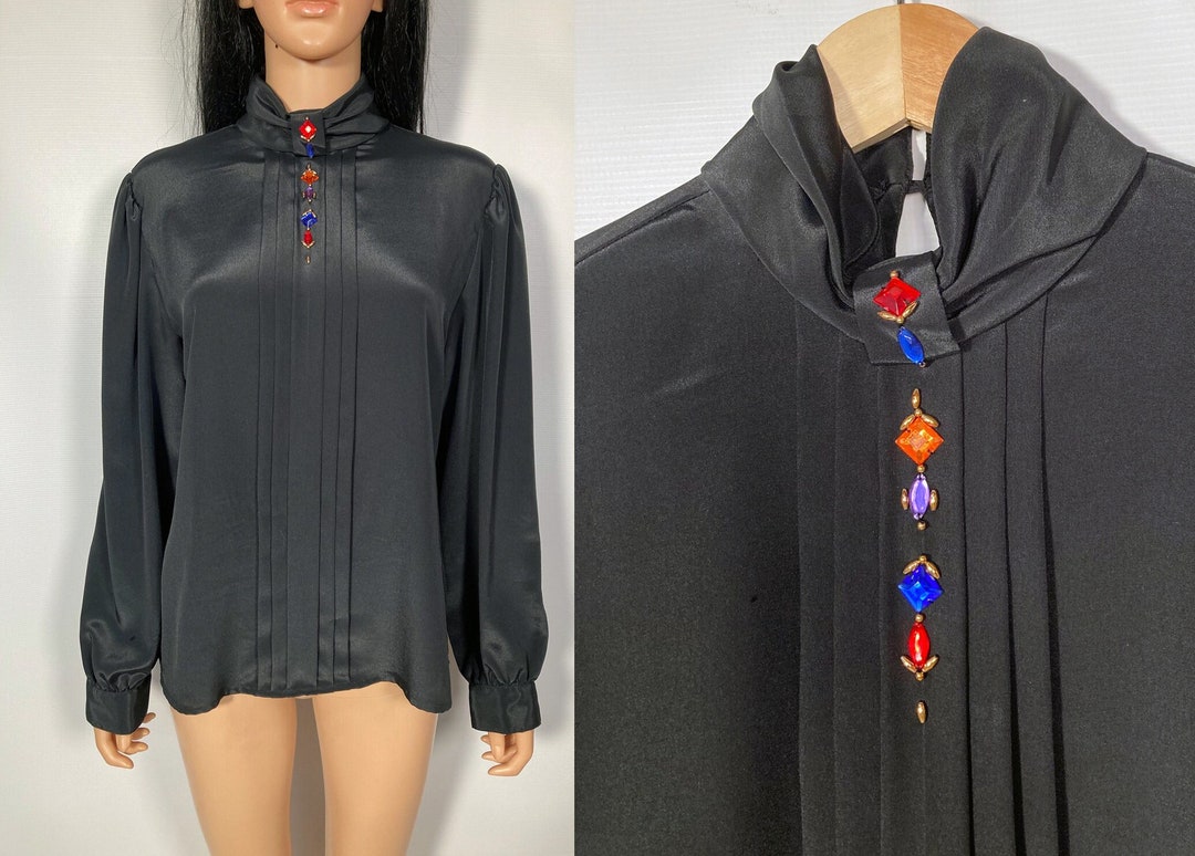 Vintage 80s Black Silky Vampire Blouse With Jewels Size L - Etsy