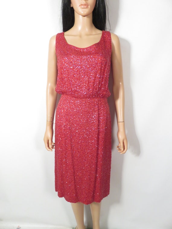 Vintage 60s Red Sequin Formal Party Holiday Dress Siz… - Gem