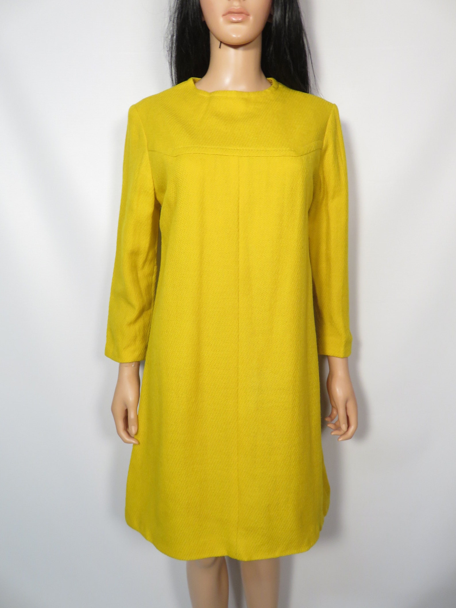 Vintage 60s Mod Bright Canary Yellow Woven Acrylic Winter Fall Dress ...