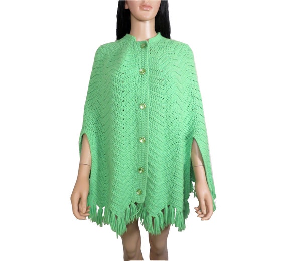 Vintage 60s/70s Bright Lime Green Afghan Knit Poncho - Gem
