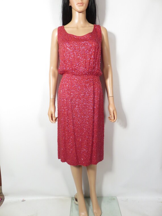 Vintage 60s Red Sequin Formal Party Holiday Dress Siz… - Gem