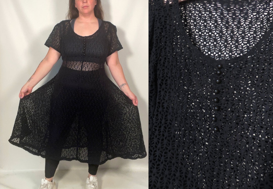 Vintage Plus Size Black Fishnet Crochet Swim Coverup Dress Size XL/2X ...