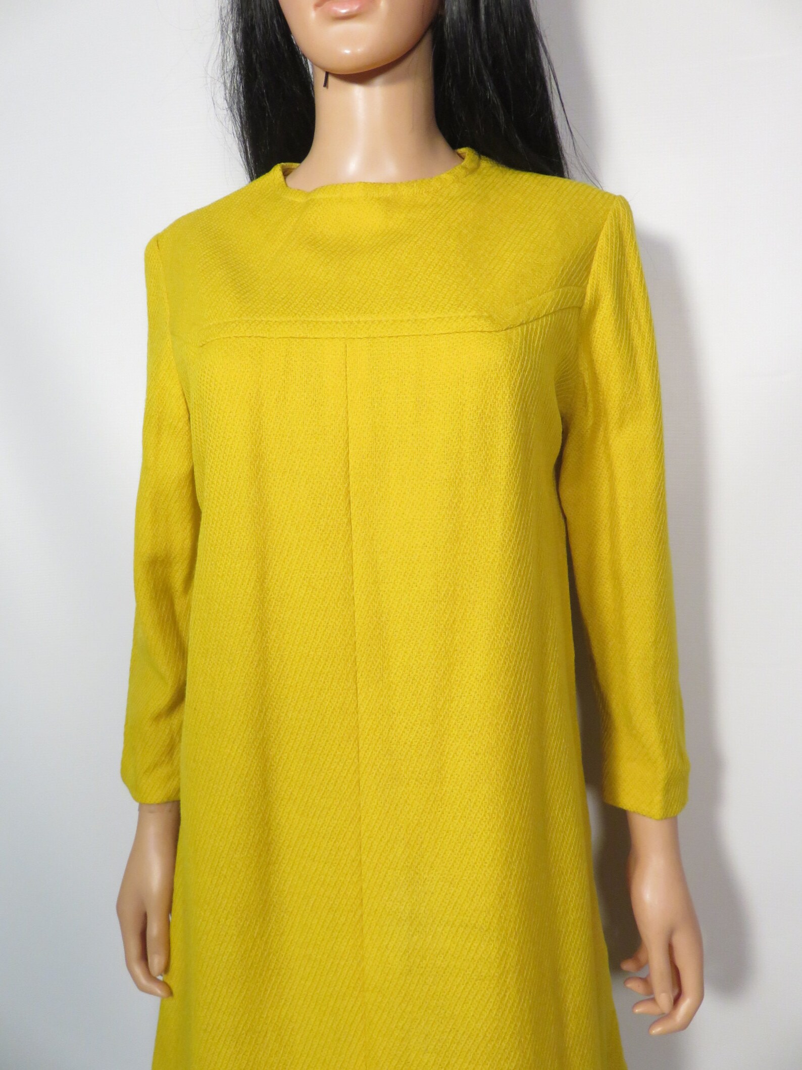 Vintage 60s Mod Bright Canary Yellow Woven Acrylic Winter Fall Dress ...