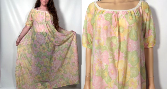 Vintage 70s Super Flowy Watercolor Floral Print Sheer… - Gem