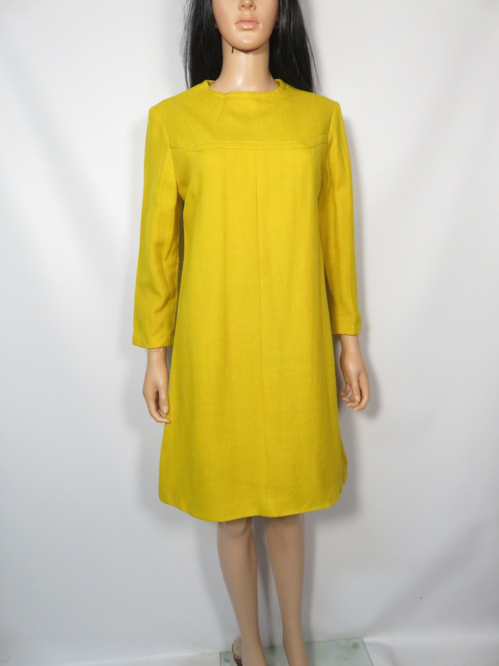 Vintage 60s Mod Bright Canary Yellow Woven Acrylic Winter Fall Dress ...