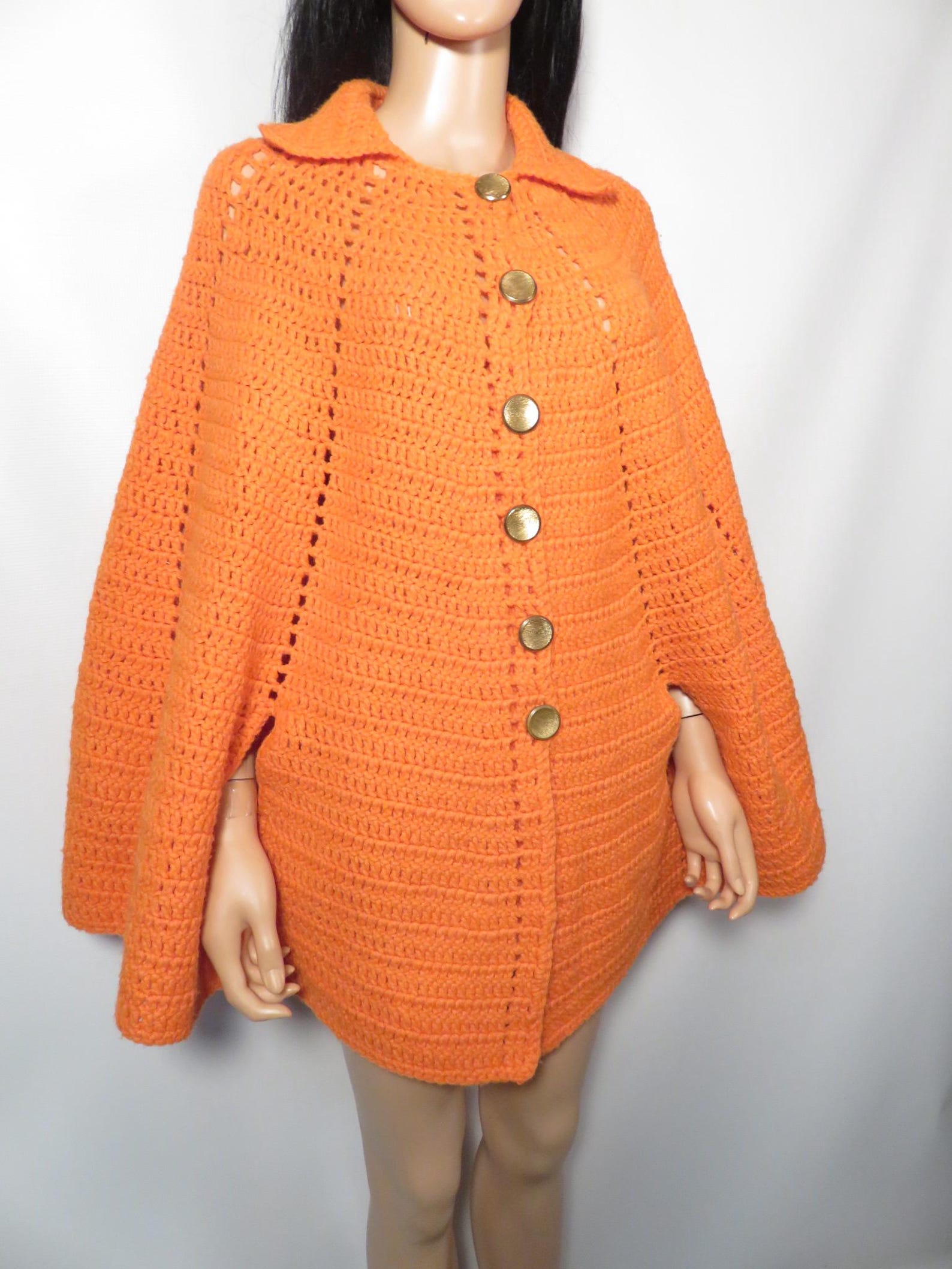 Vintage 60s/70s Orange Handknit Poncho With Arm Slits and Gold Buttons ...