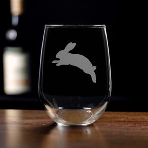Rabbit Etched Stemless Wine Glass - Design 2 - Free Personalization ...