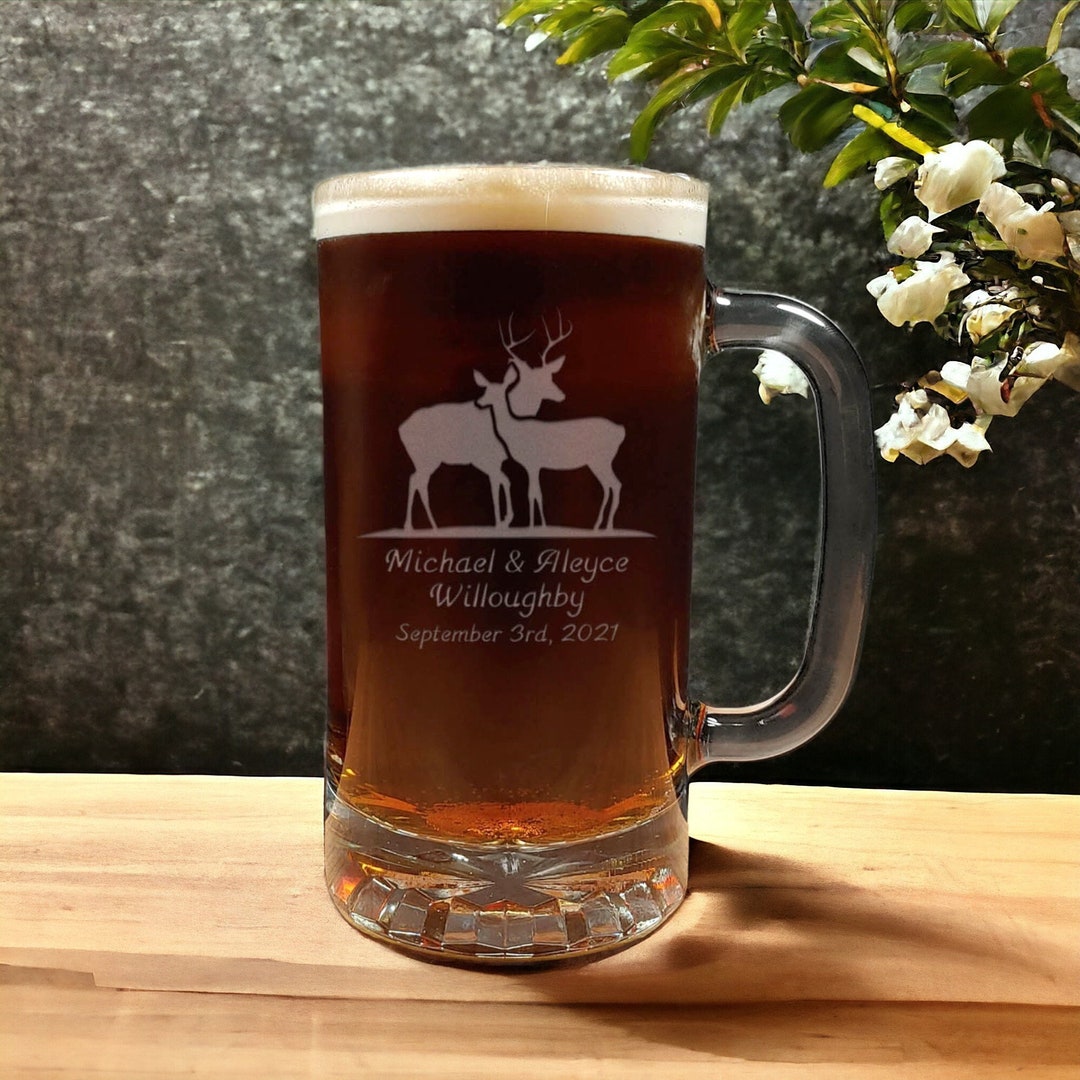 Personalized Stag and Doe Wedding Beer Mug, Custom Etched Deer Pint ...