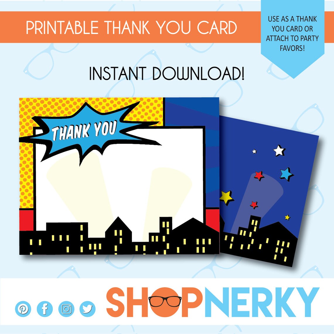 PRINTABLE Superhero Themed Thank You Card Red, Blue and Yellow - Etsy