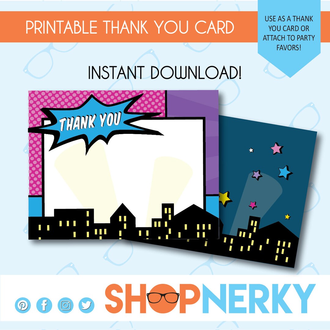 PRINTABLE Superhero Themed Thank You Card Pink and Purple - Etsy