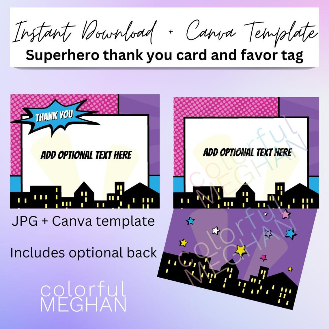 PRINTABLE Superhero Themed Thank You Card | Pink and Purple | Instant ...