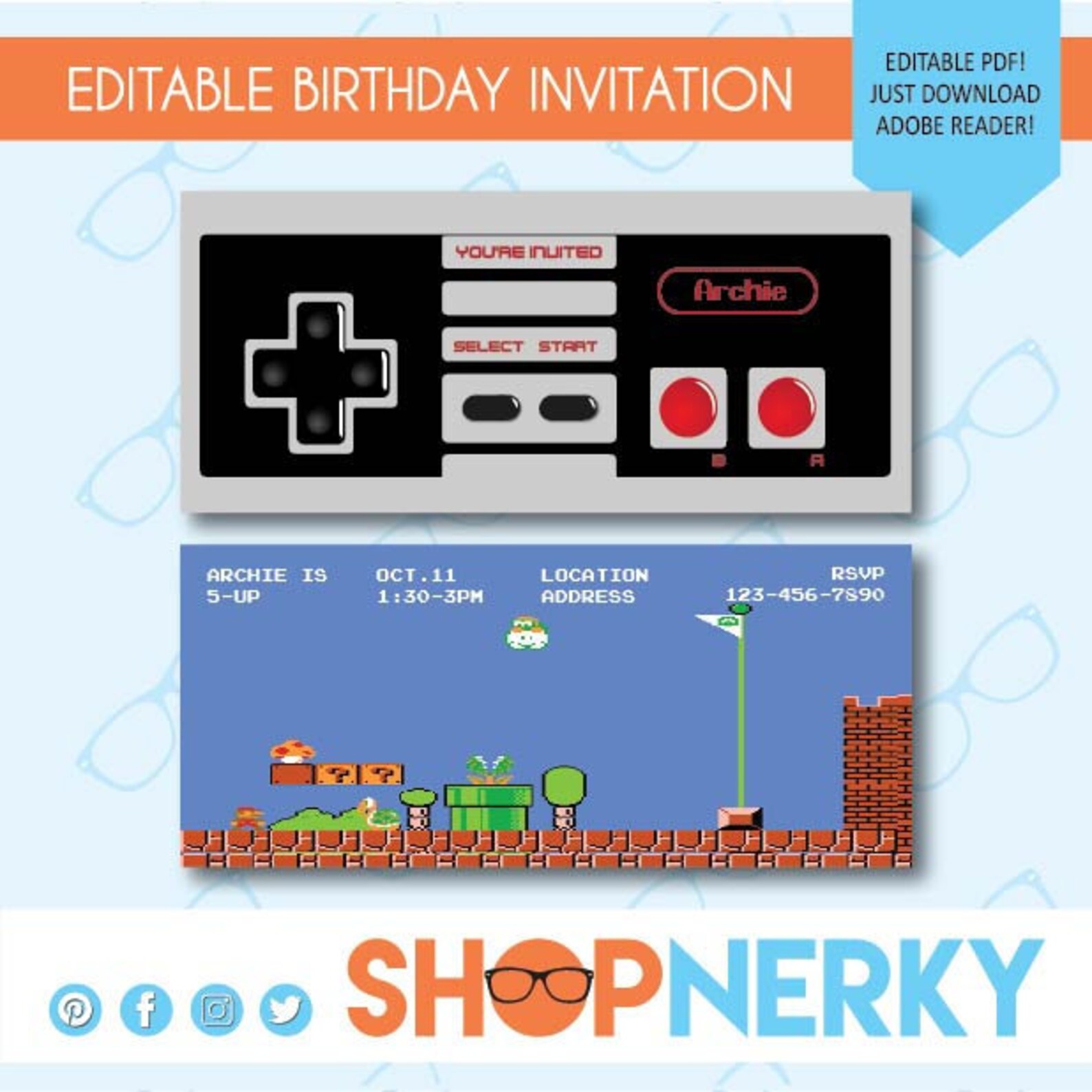 EDITABLE Nintendo Birthday Invitation Printable Super Mario Birthday ...