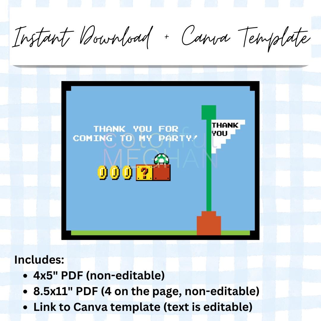 PRINTABLE Super Mario 8-bit Thank You Card | Instant Download | Canva ...