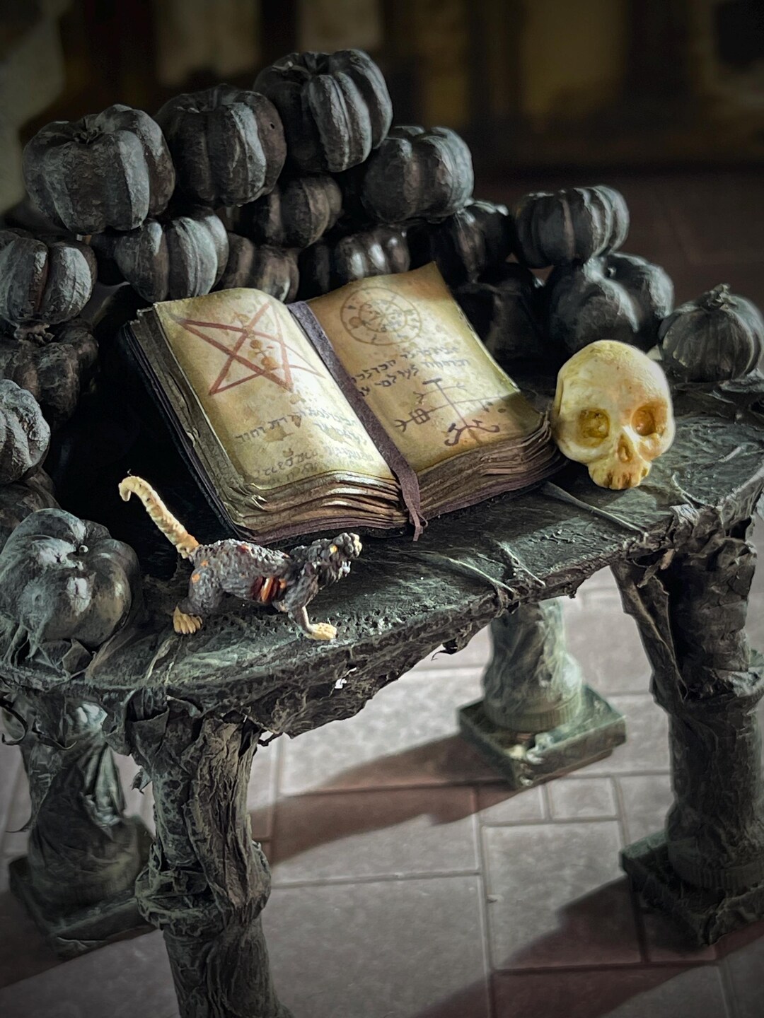 Dollhouse Miniature Spooky Spell Pumpkin Table: Witch Book, Scabby Rat ...