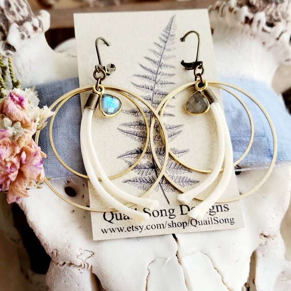 Bone Hoop Earrings Dark Cottagecore Gothcore Labradorite Gemstone Tribal Snake Skeleton Christmas Gift Shaman Witchy Taxidermy Art Etsy