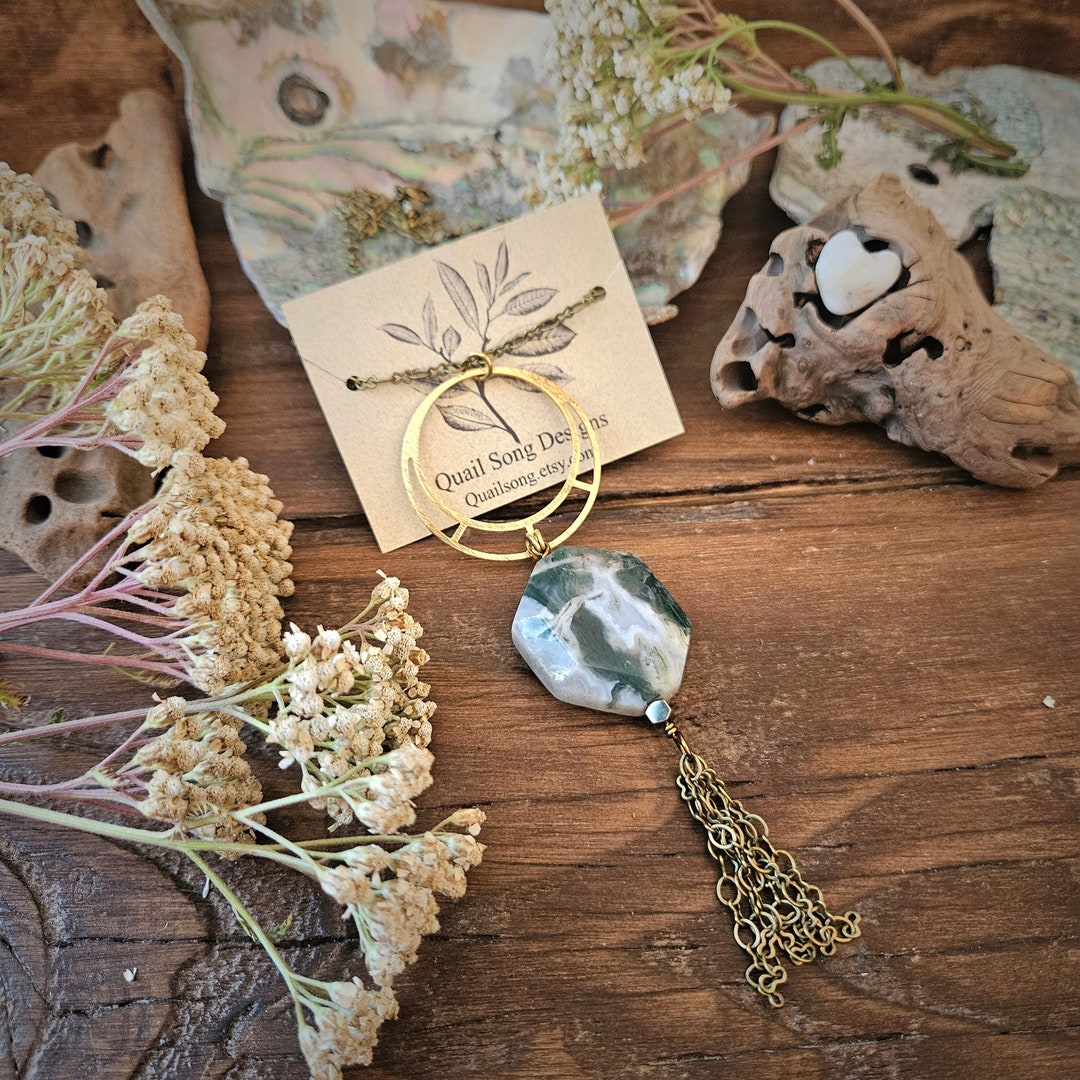 Chunky Moss Agate Necklace, Stone Pendant, Bronze Chain Tassel, Brushed ...