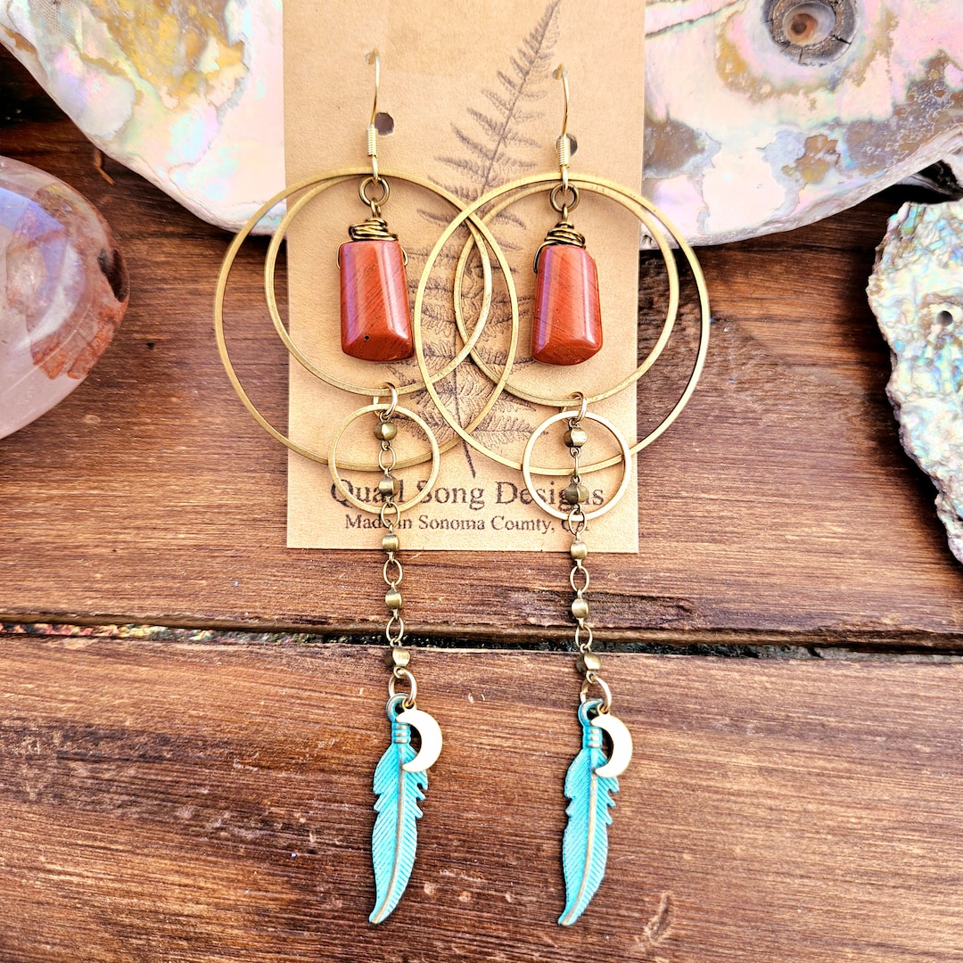 Red Jasper Hoop Feather Moon Earrings, Natural Gemstone Hoops, Gypsy ...
